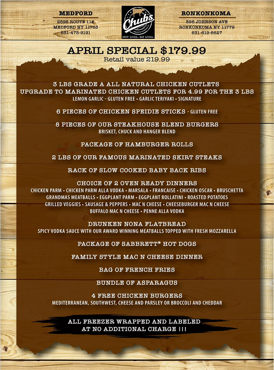 April Facebook Special – Chubs Meats, your neighborhood butcher shop…